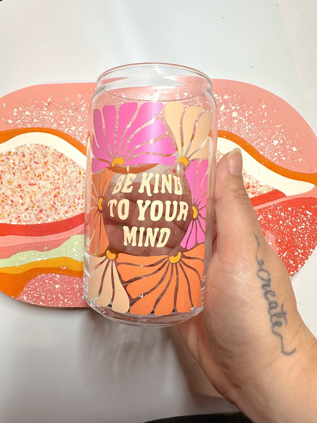 Be Kind to Your Mind Glass Cup Boho Glass Cup Retro Glass - Etsy