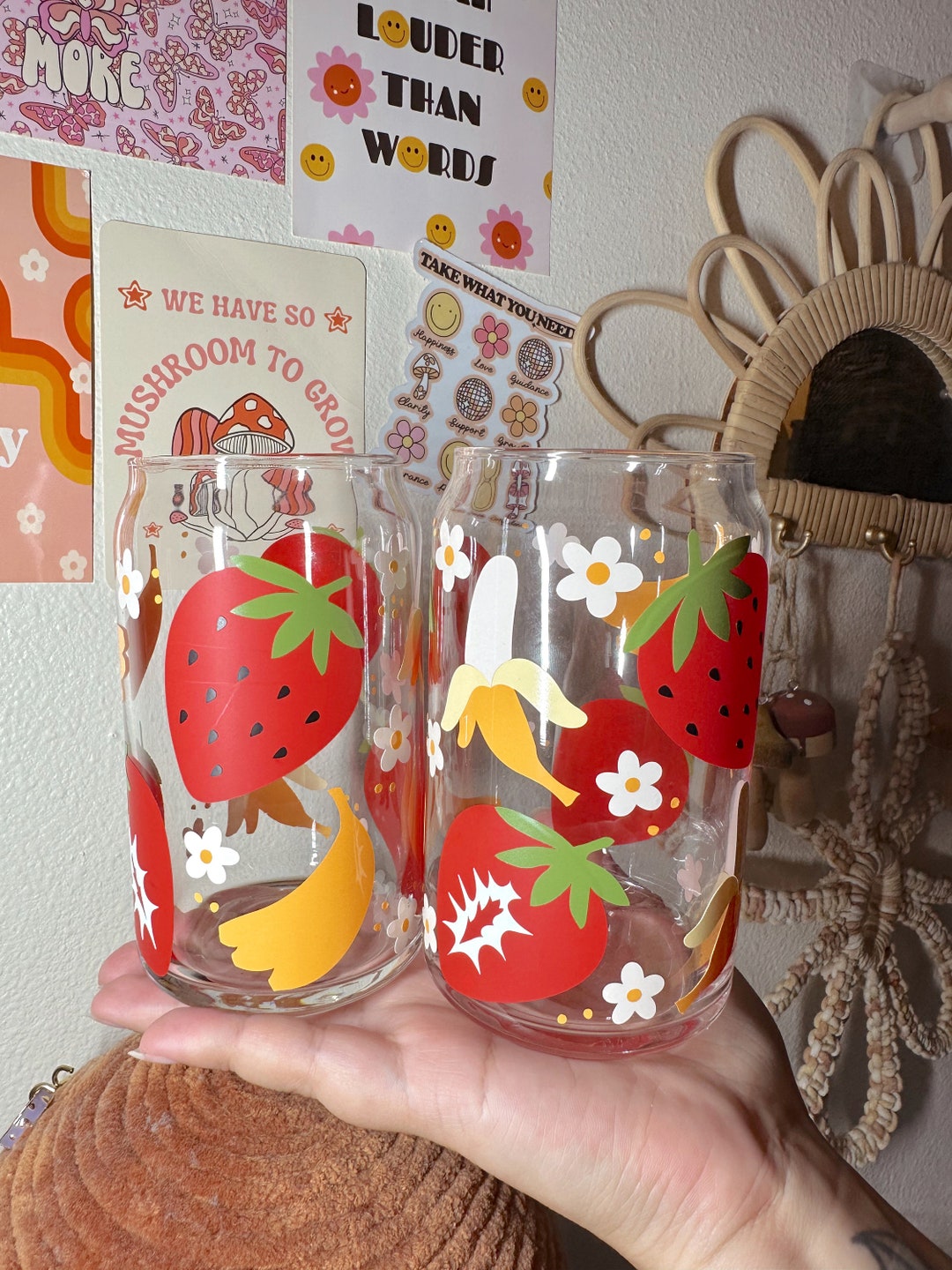 Strawberry Banana Glass Cup, Fruit Glass Cup, Spring Glass Cup, Trendy ...