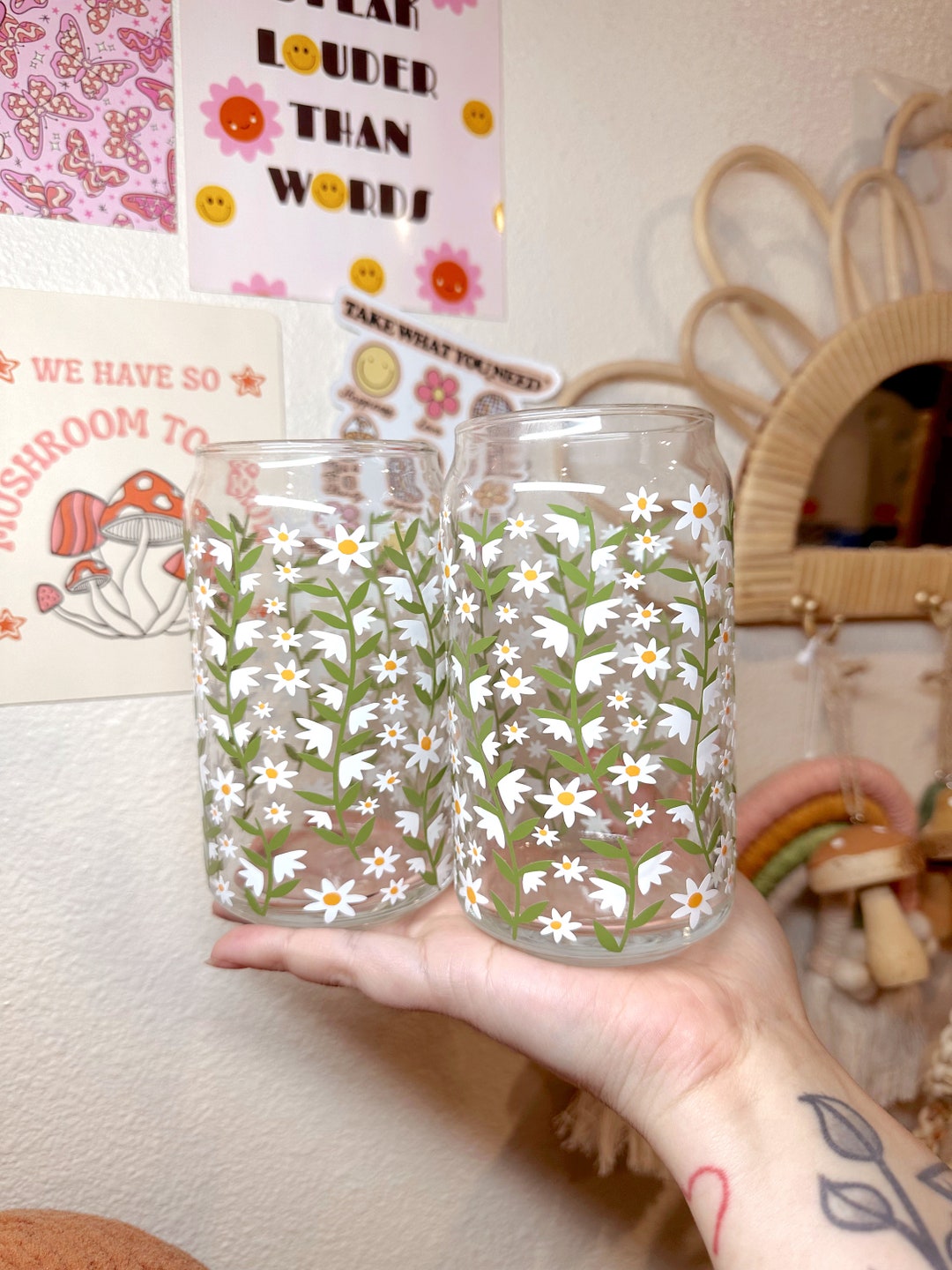Daisy Garden Glass Cup, Floral Glass Cup, Spring Glass Cup, Vines Glass ...