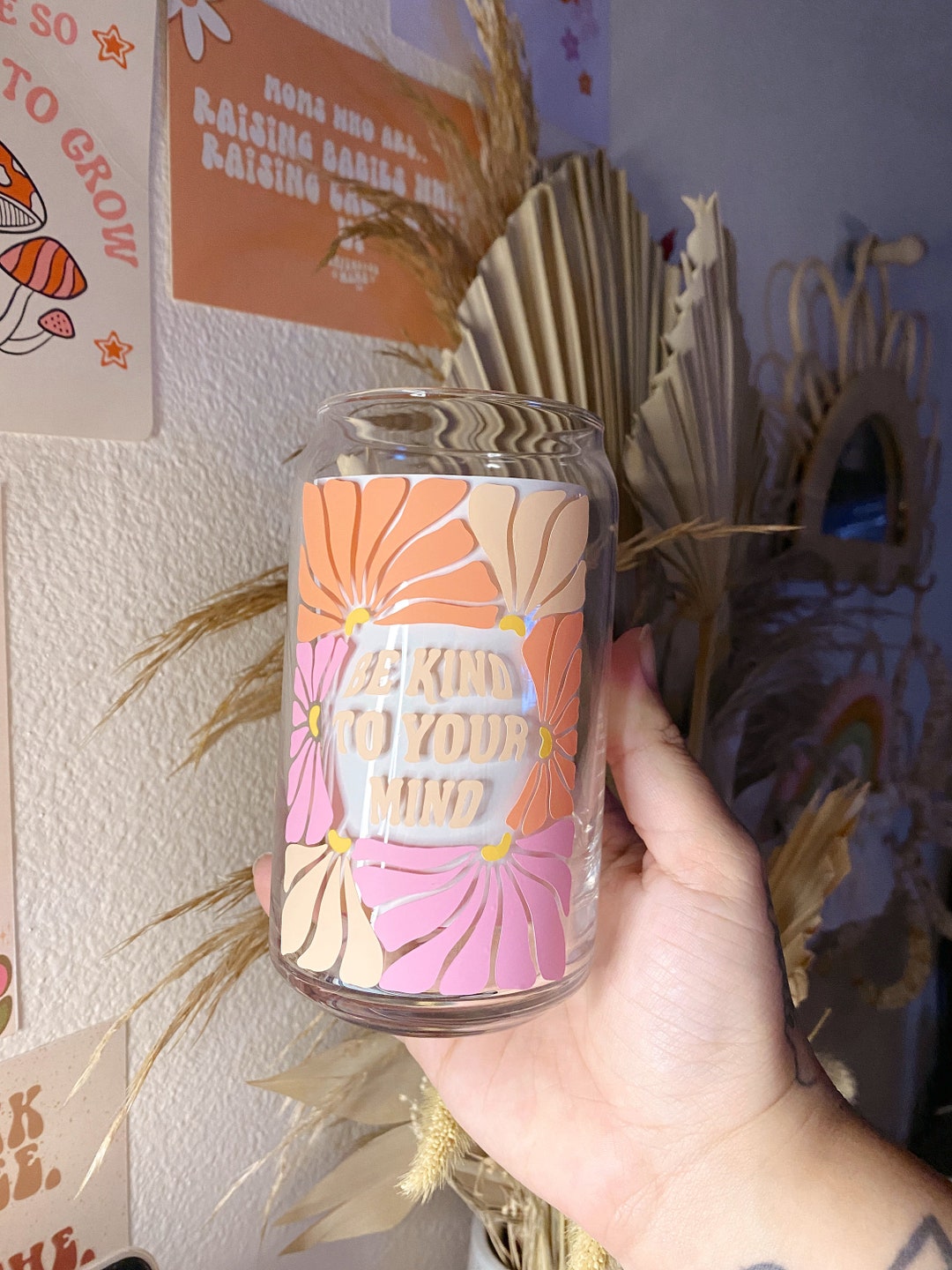 Be Kind to Your Mind Glass Cup, Boho Glass Cup, Retro Glass Cup ...