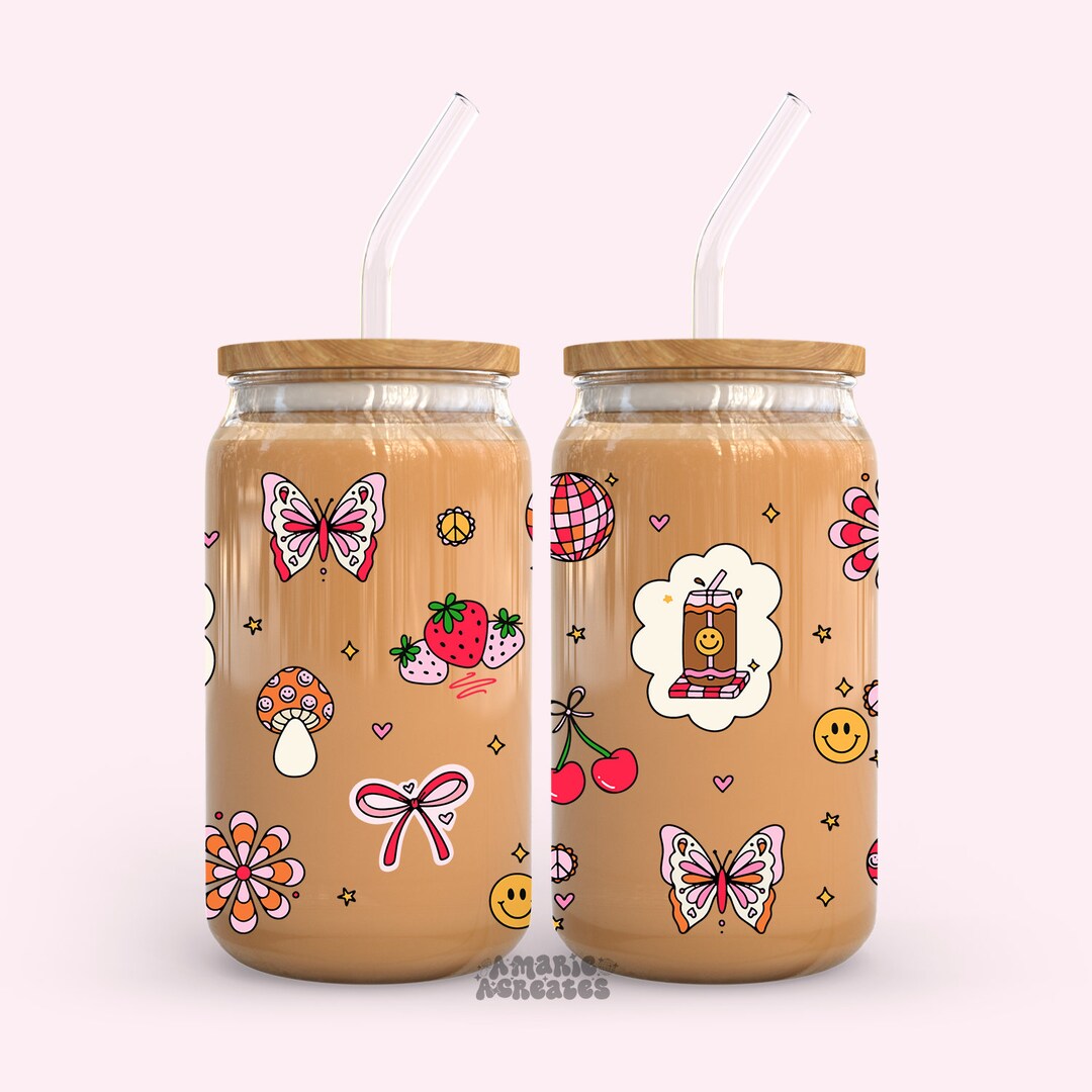 Retro Doodles Glass Cup, Trendy Glass Cup, Girls Era, Girly Girl Era - Etsy