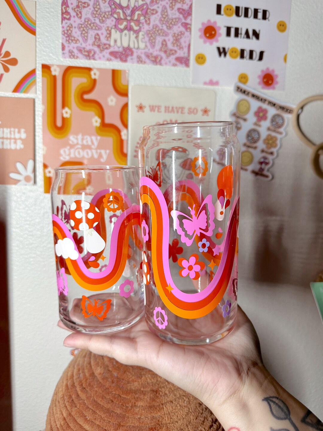 Rainbow Crush Glass Cup, Retro Flowers, Groovy Flowers Glass Cup, Retro ...