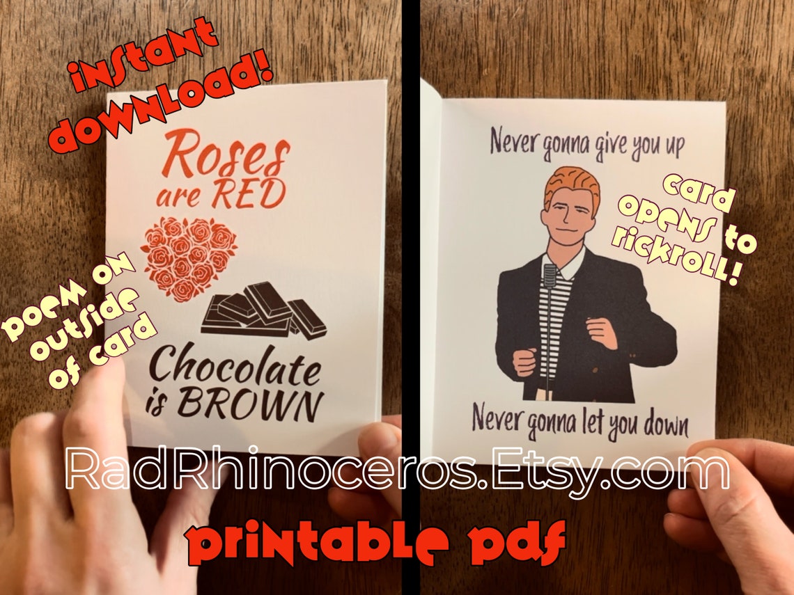 Printable Rick Astley Rickroll Greeting Cards - Joke Card, Funny, Prank ...