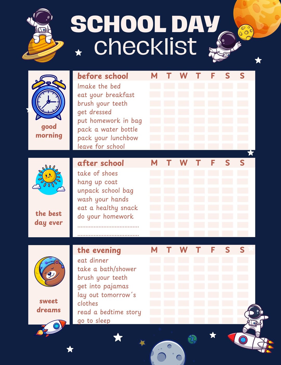 Space Theme After School Rules, Printable After School Checklist ...