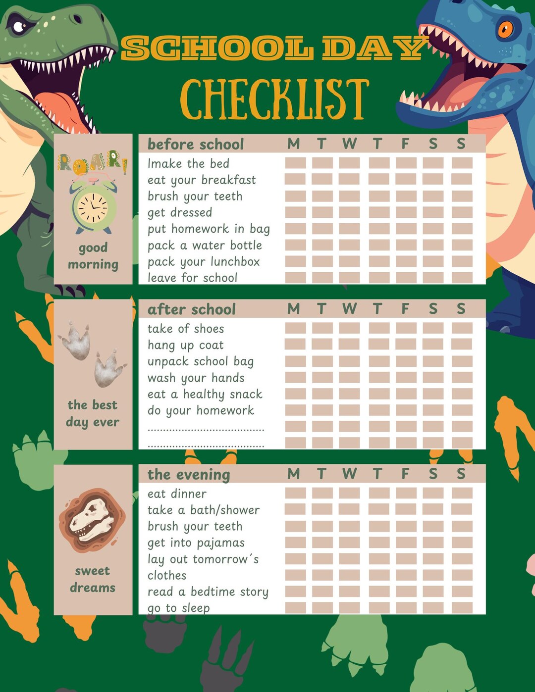 Dinosaur Theme After School Rules, Printable After School Checklist ...
