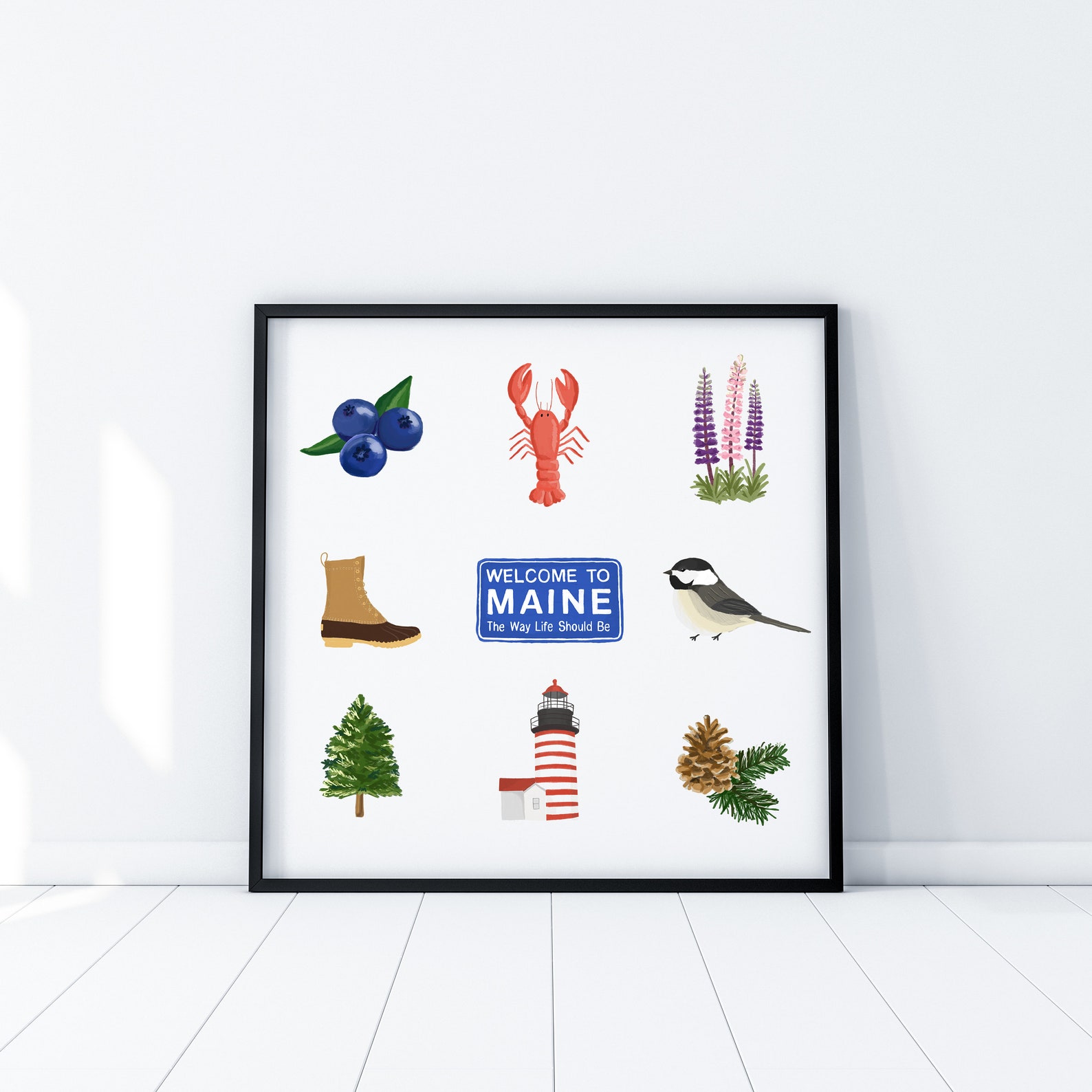 State of Maine Icons Art Print , DIGITAL DOWNLOAD , Maine Gift , Hand ...