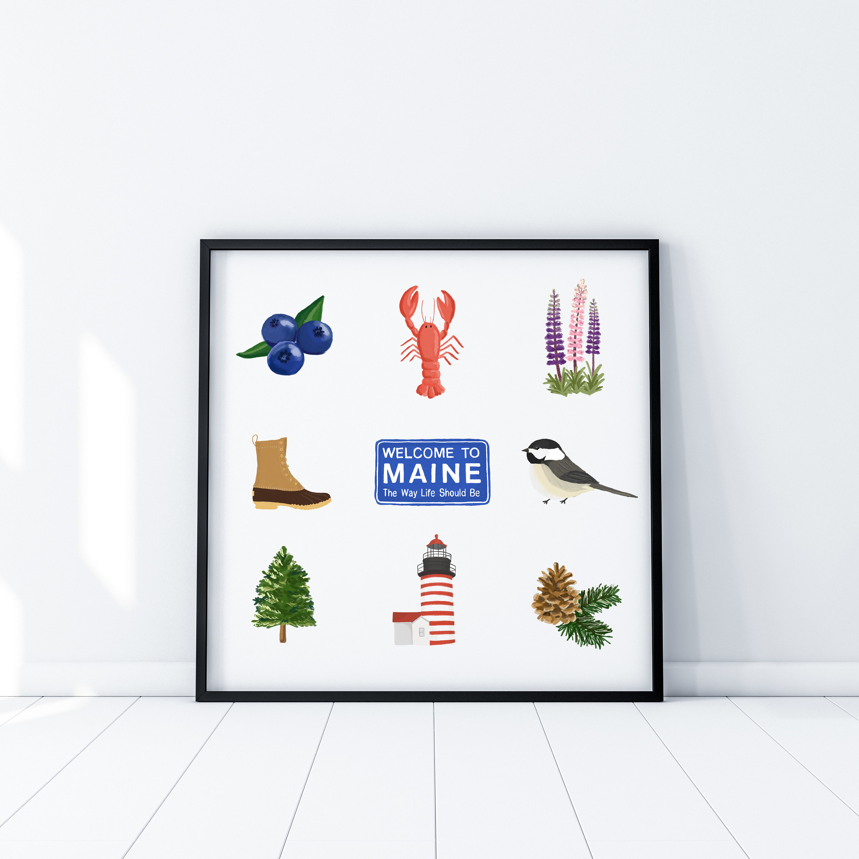State of Maine Icons Art Print , DIGITAL DOWNLOAD , Maine Gift , Hand ...