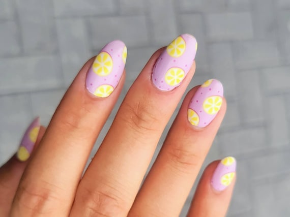 Purple Lemon Nail Wraps Bright Purple Nail Strips With Sliced Lemon Fruits Design Fruit Nail Art Design Summer Nail Wraps Etsy