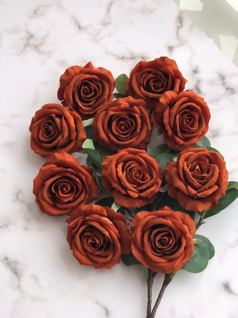 10pcs Rust Orange Realistic Fake Roses - DIY Wedding Decor, Rose Head ...