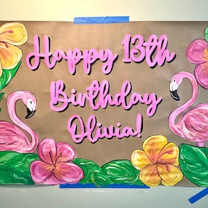 Tropical Flamingo Birthday Banner – Hand-painted Custom Sign for ...