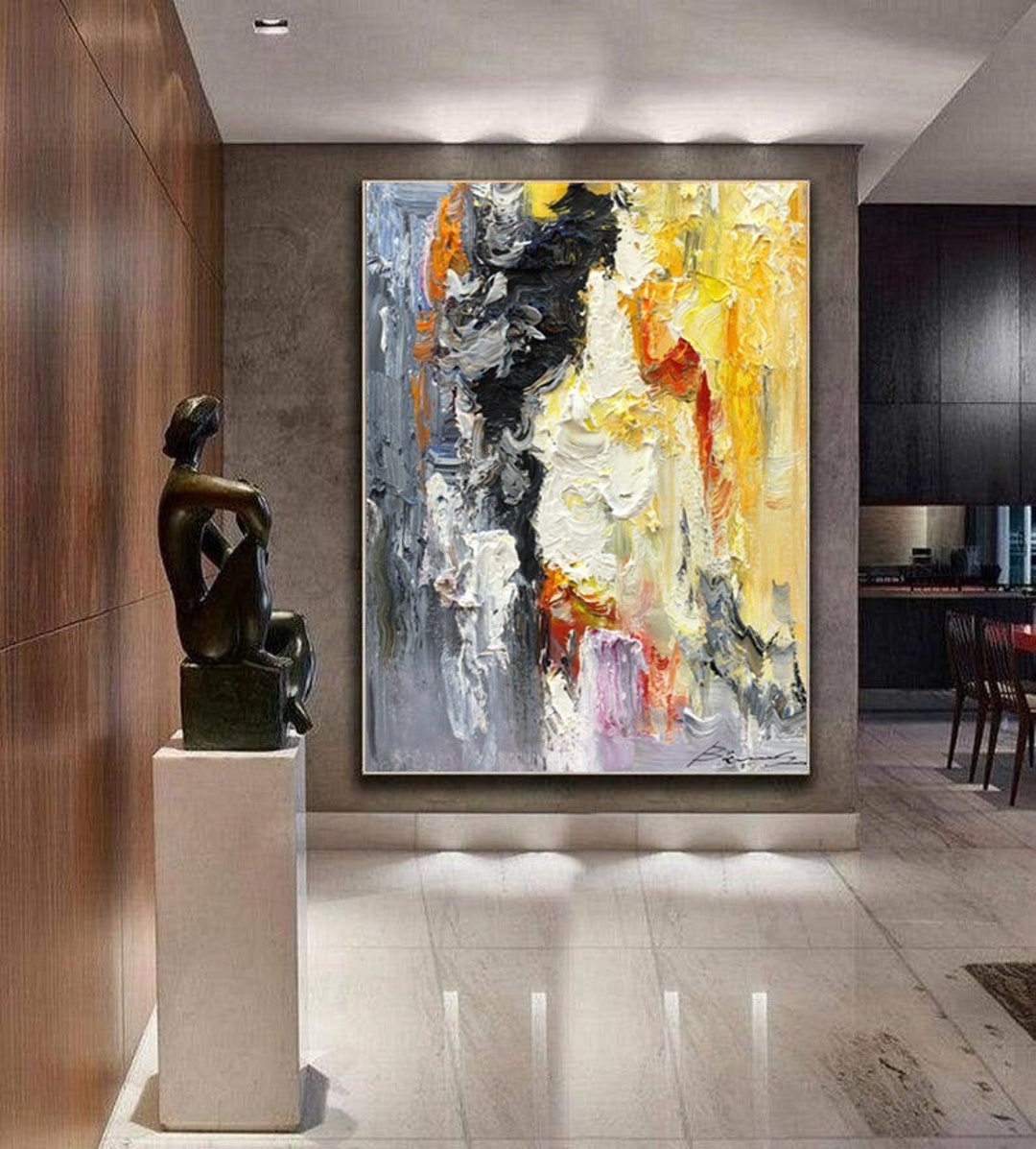3D Gray Abstract Painting, Yellow 3D Textured Painting, Minimalist Wall ...