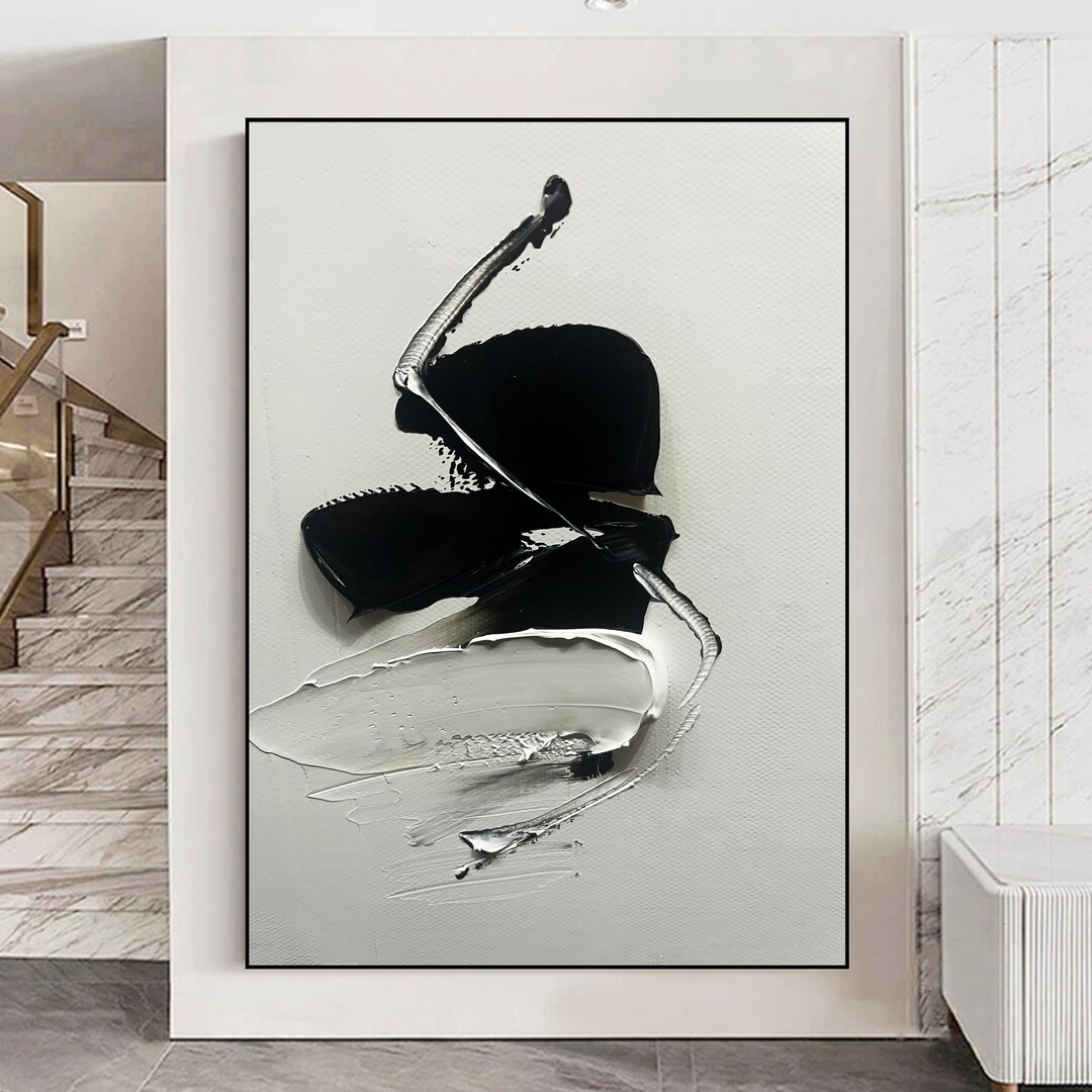 Textured Black White Abstract Painting, Black White Wall Art, Black ...