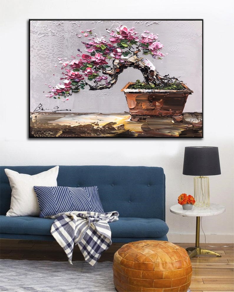 Potted Plants Pink Flower Oil Painting on Canvas Spring - Etsy
