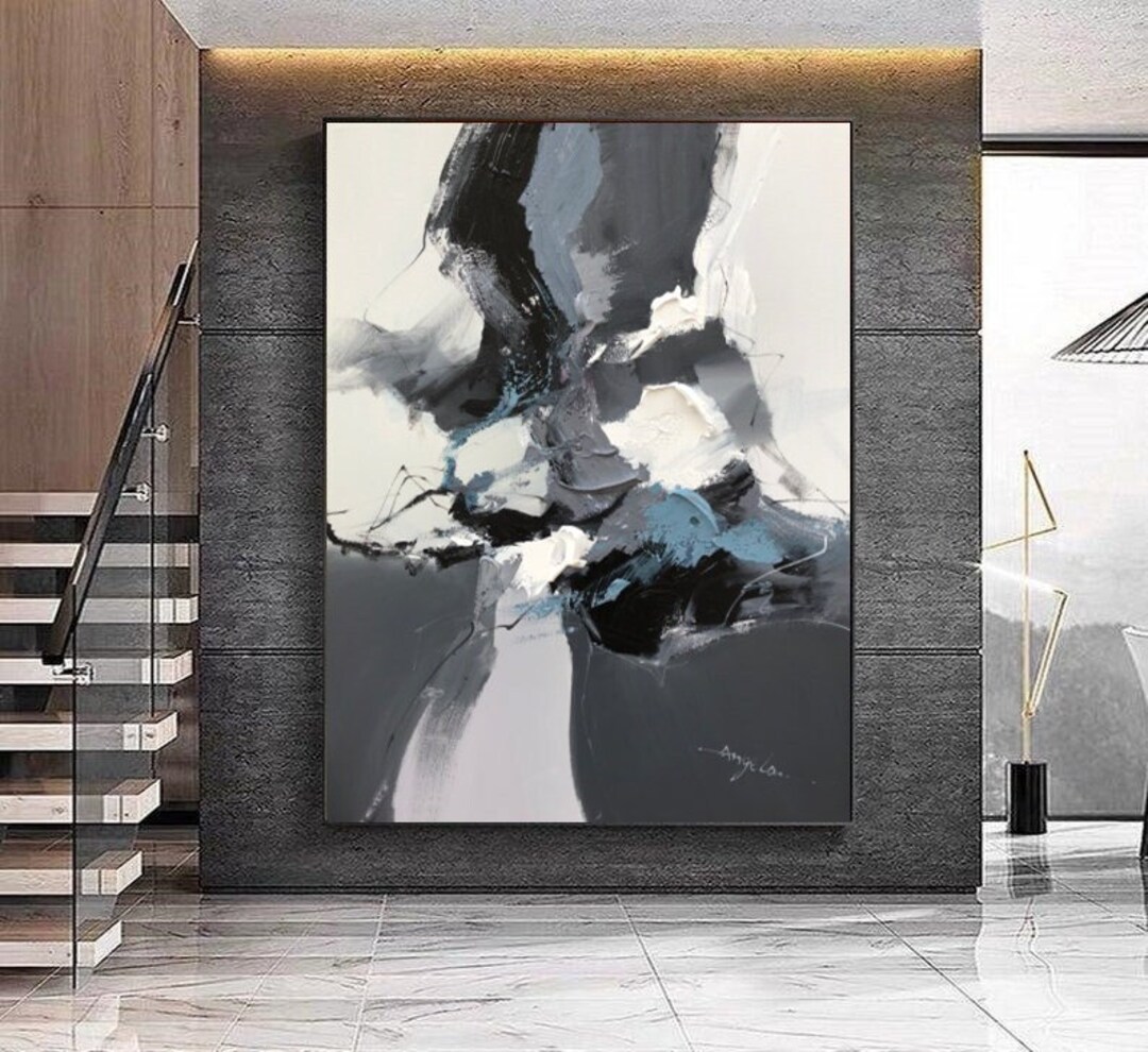 Large Gray Black and White Abstract Painting: Textured Minimalist Wall ...