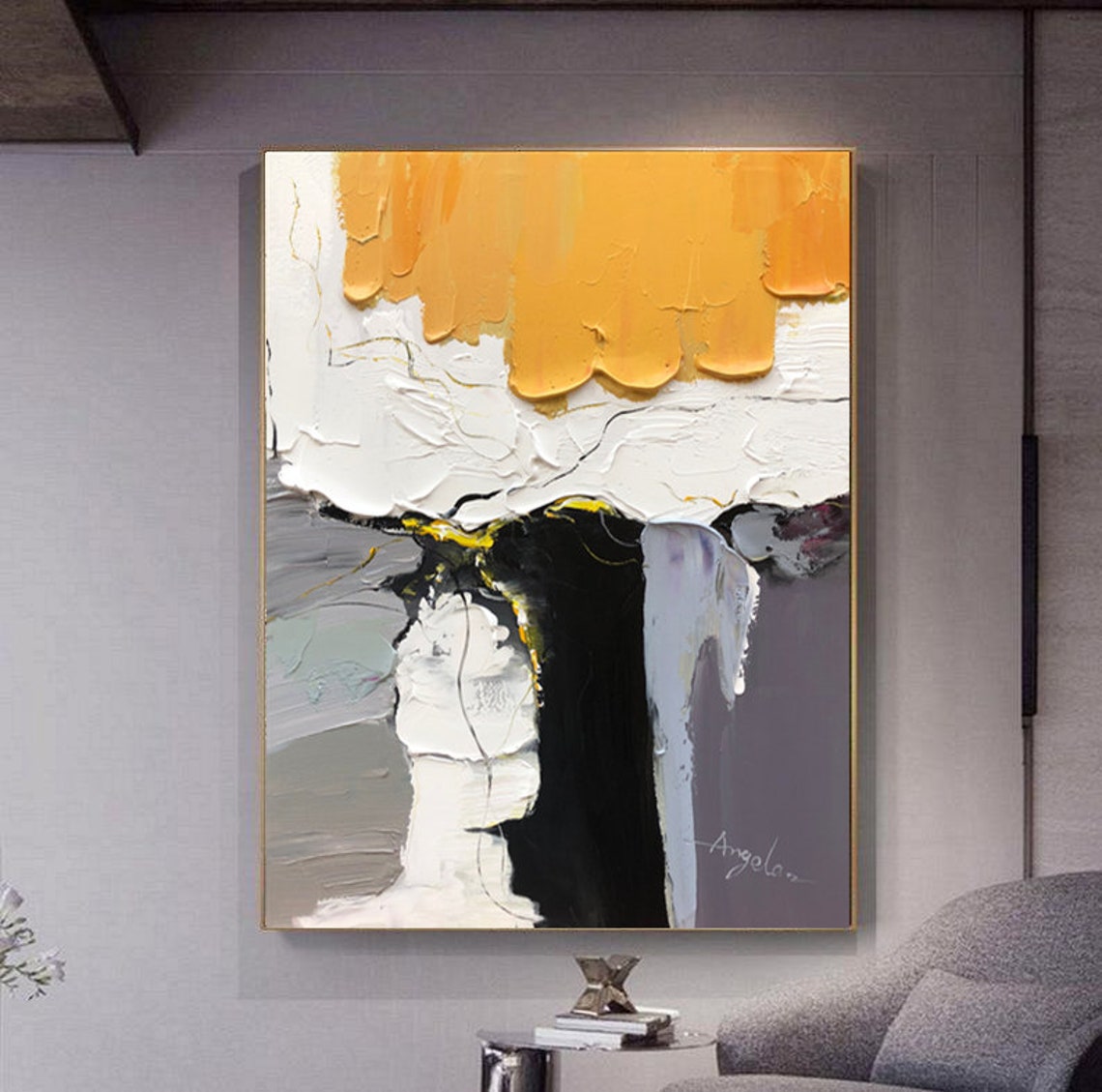 Large Original Abstract Painting Yellow Painting Gray | Etsy