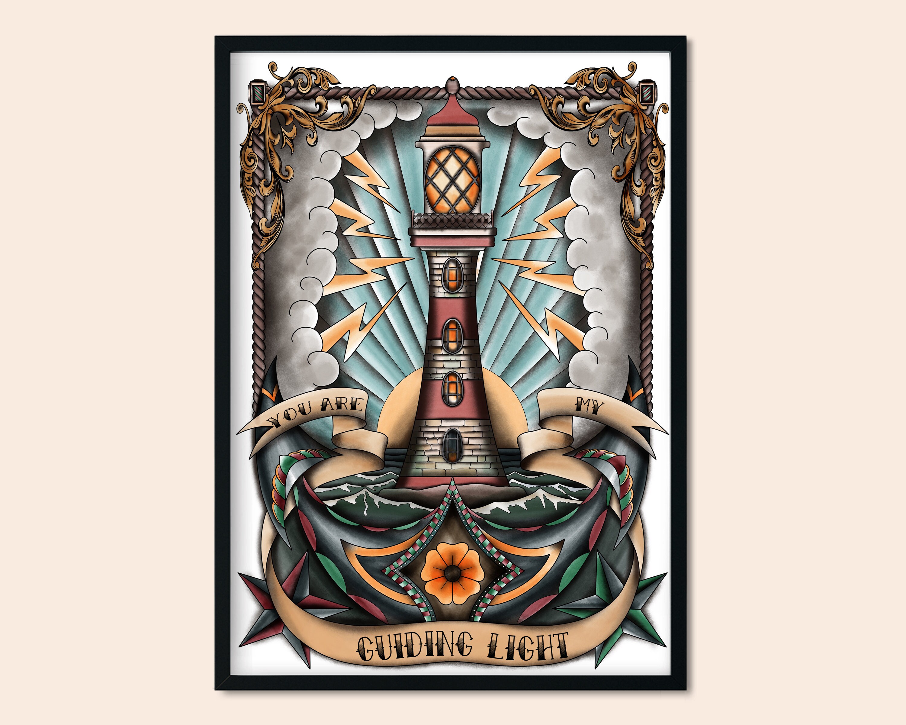 Traditional Lighthouse And Ship Tattoo