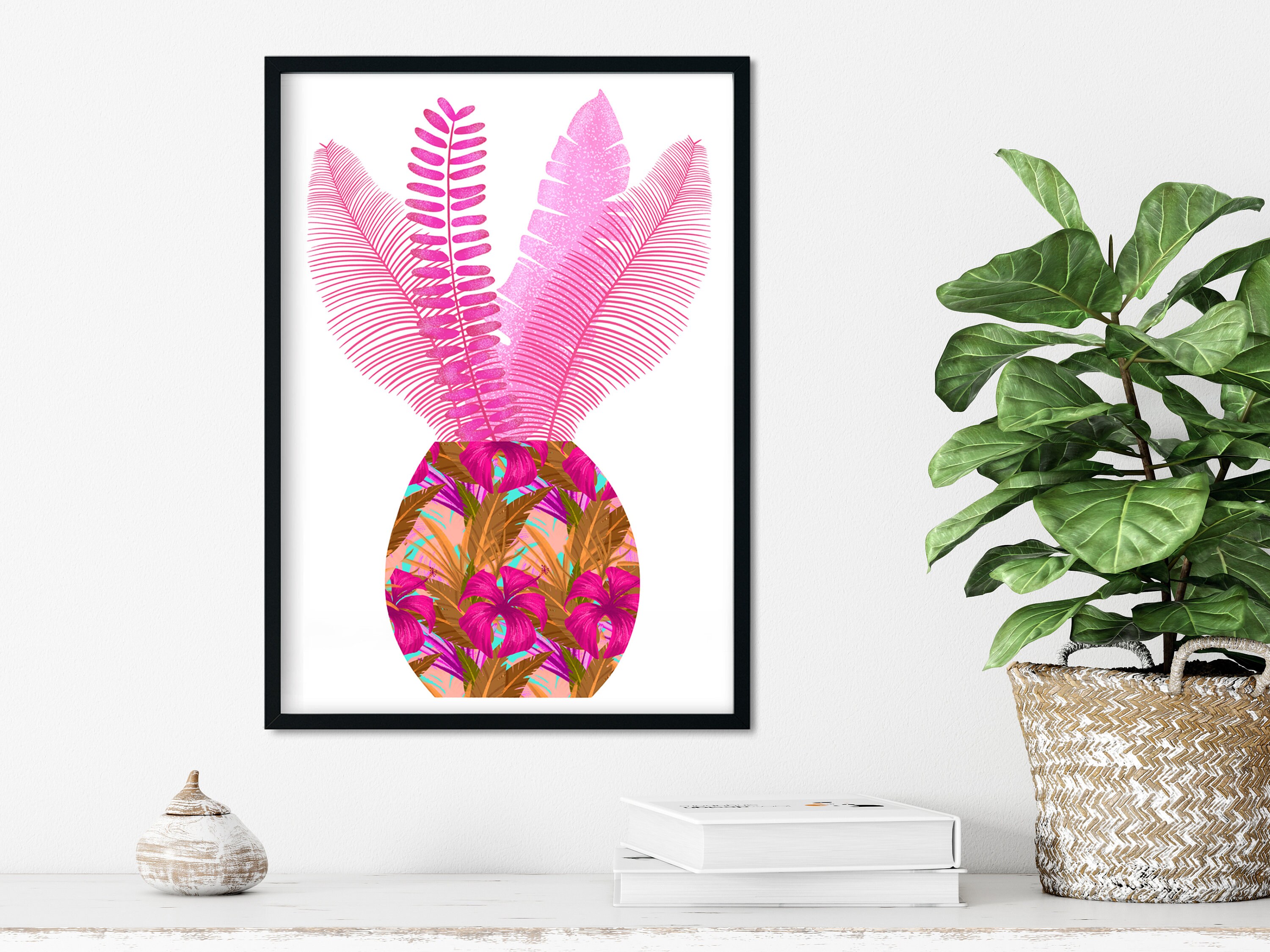 Flora Vase Digital Printable, Bold Botanical With Feathers Wall Art ...