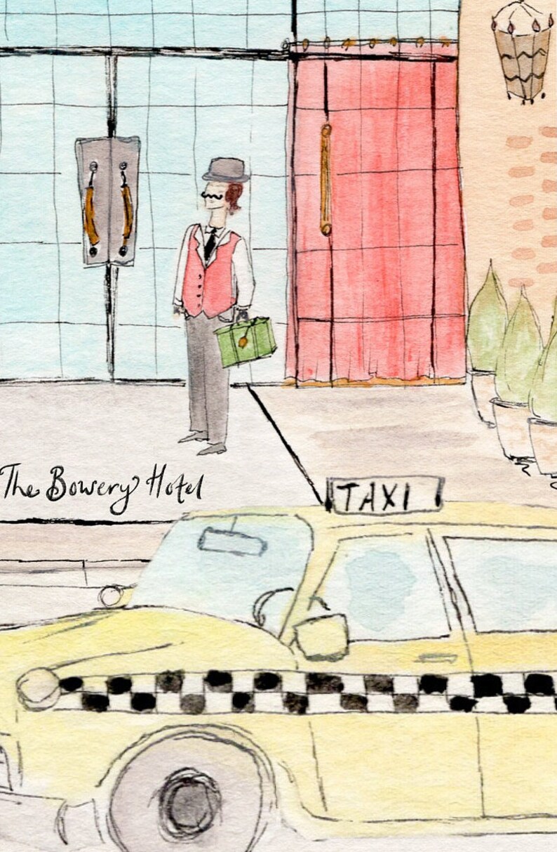 Bowery Hotel Art Print | Bowery NYC Entrance With Taxi, Suitcases and ...