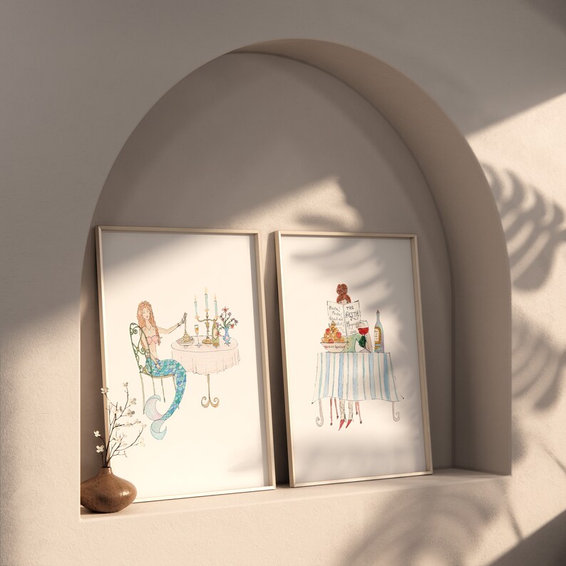 Mermaid Eating Pasta Print: Whimsical Kitchen Art, Amalfi Coast Fantasy ...