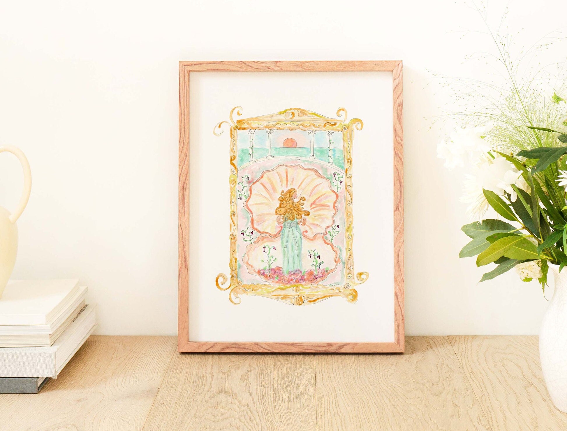 Goddess Venus Painting Birth of Venus Art in Seashell With Sunrise Over ...