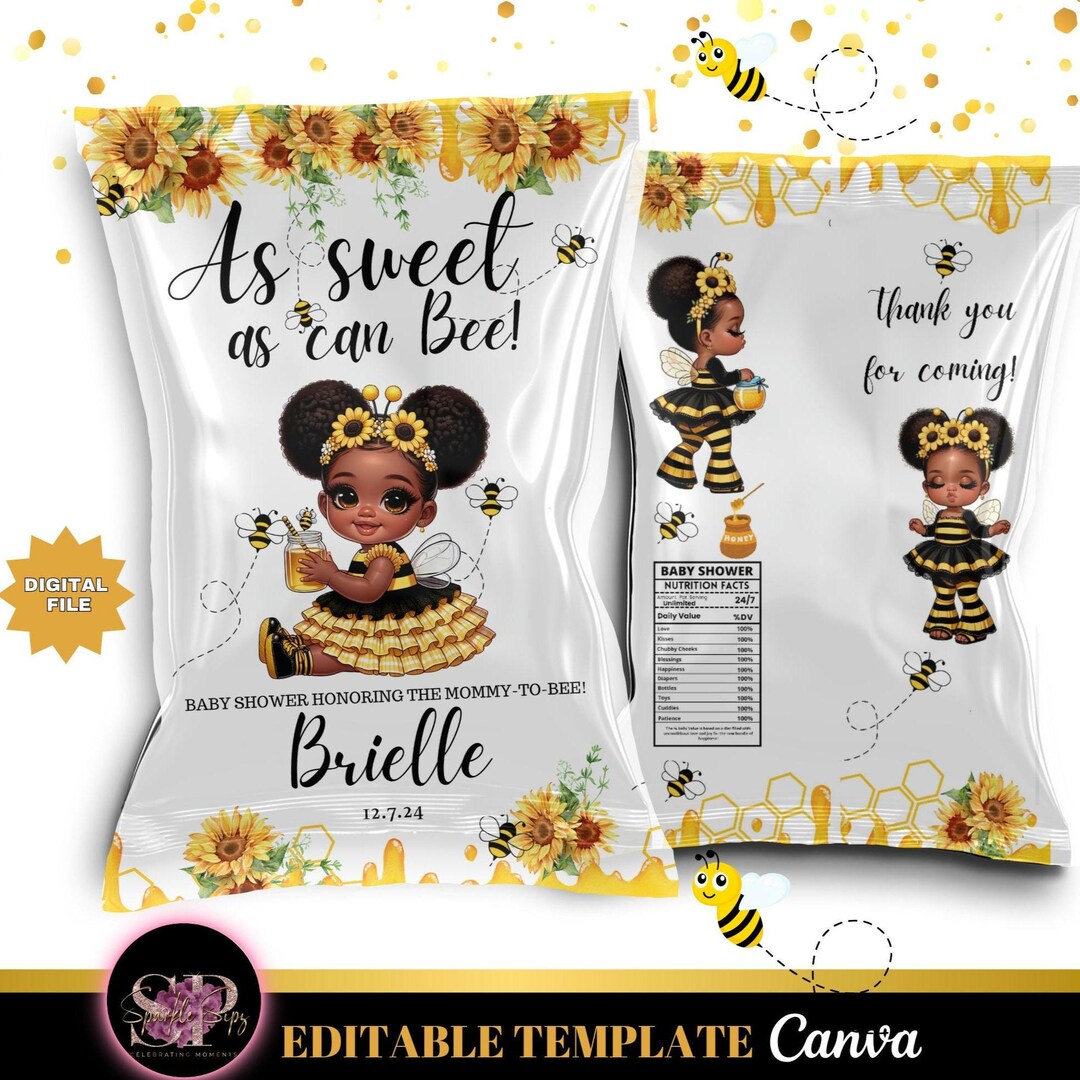 Editable Bumblebee-themed Babyshower Chip Bag Template African American ...