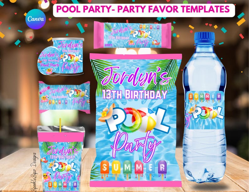 Pool Party Favor Templates, Pink Summer Birthday, Chip Bag, Water ...