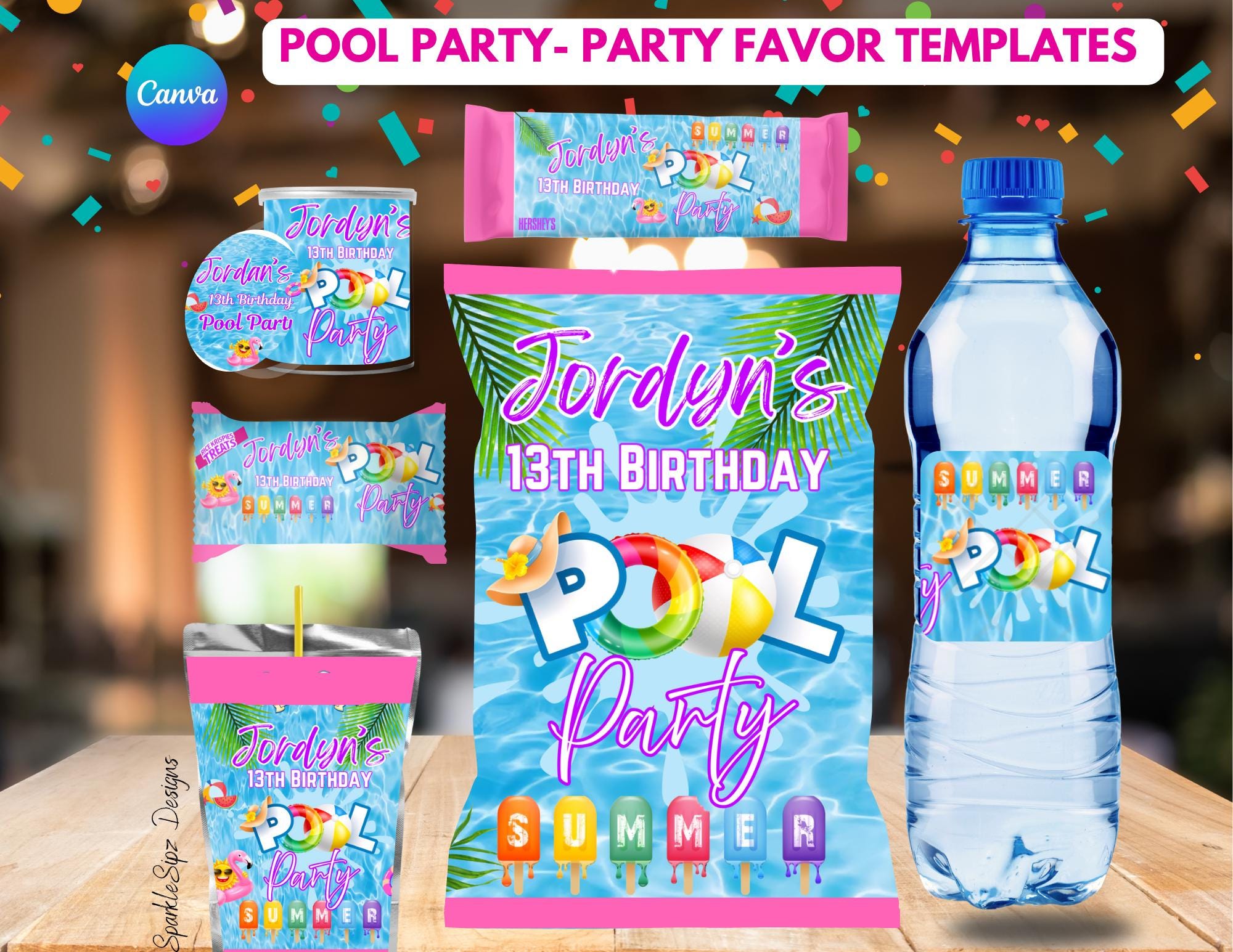 Pool Party Favor Templates, Pink Summer Birthday, Chip Bag, Water ...