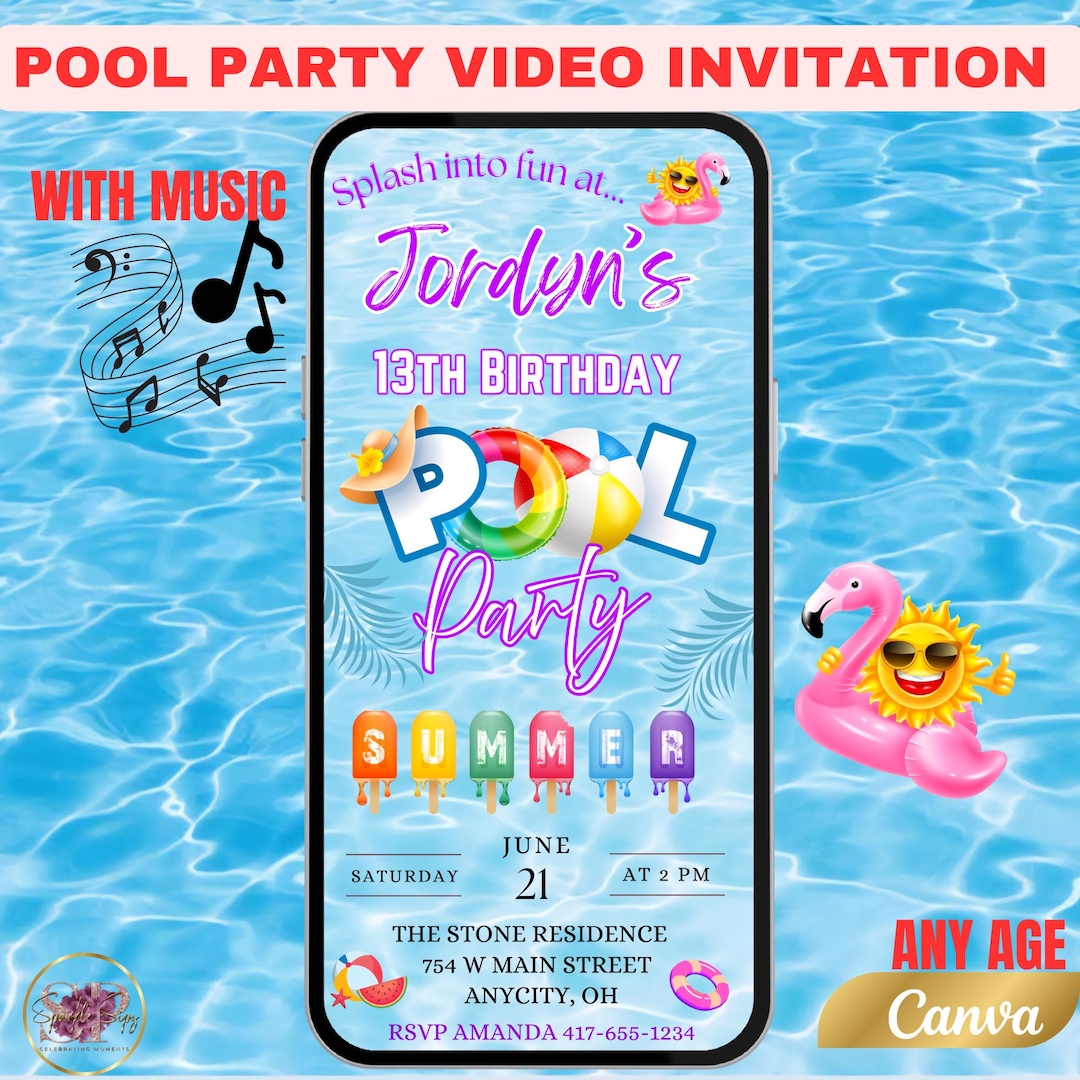 Pool Party Birthday Animated Invitation, Summer Birthday, Swim Party ...