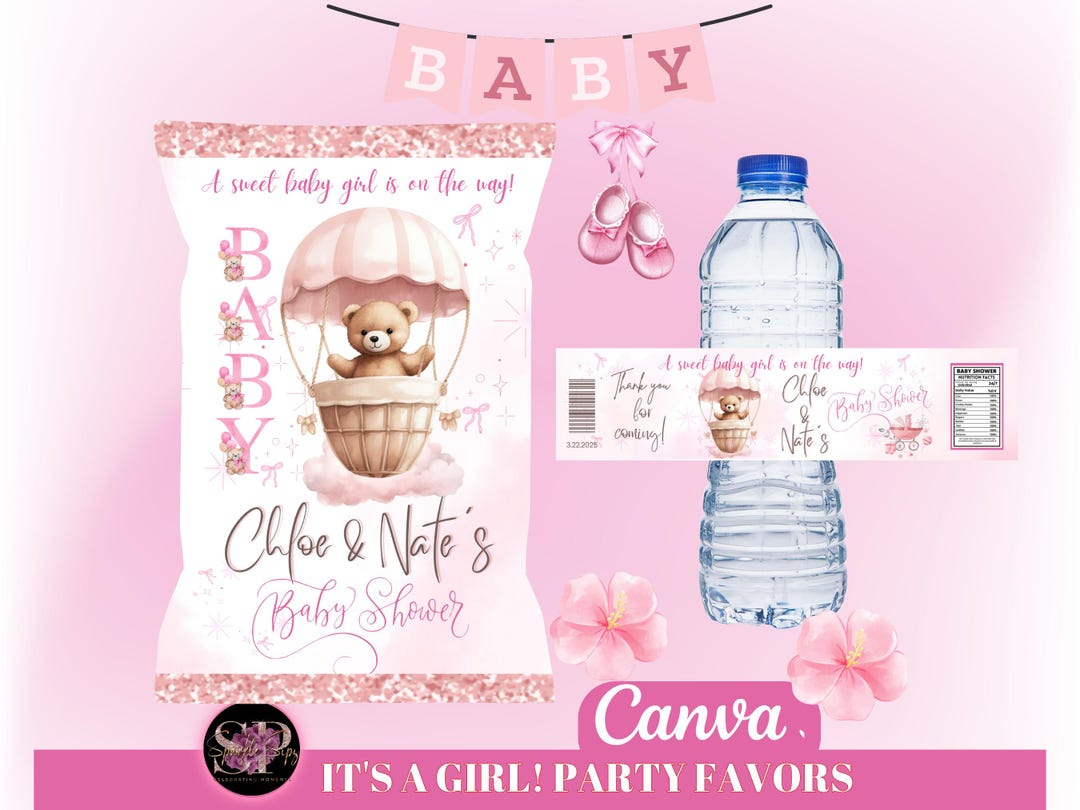 It's a Girl Chip Bag & Water Bottle Label Template: Pink Baby Shower ...