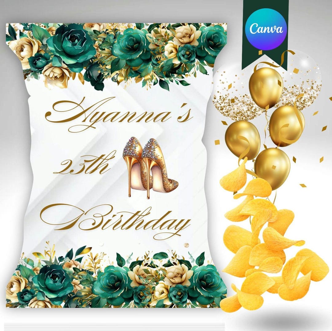 Editable Floral Green Chip Bag Template | Birthday Celebration ...