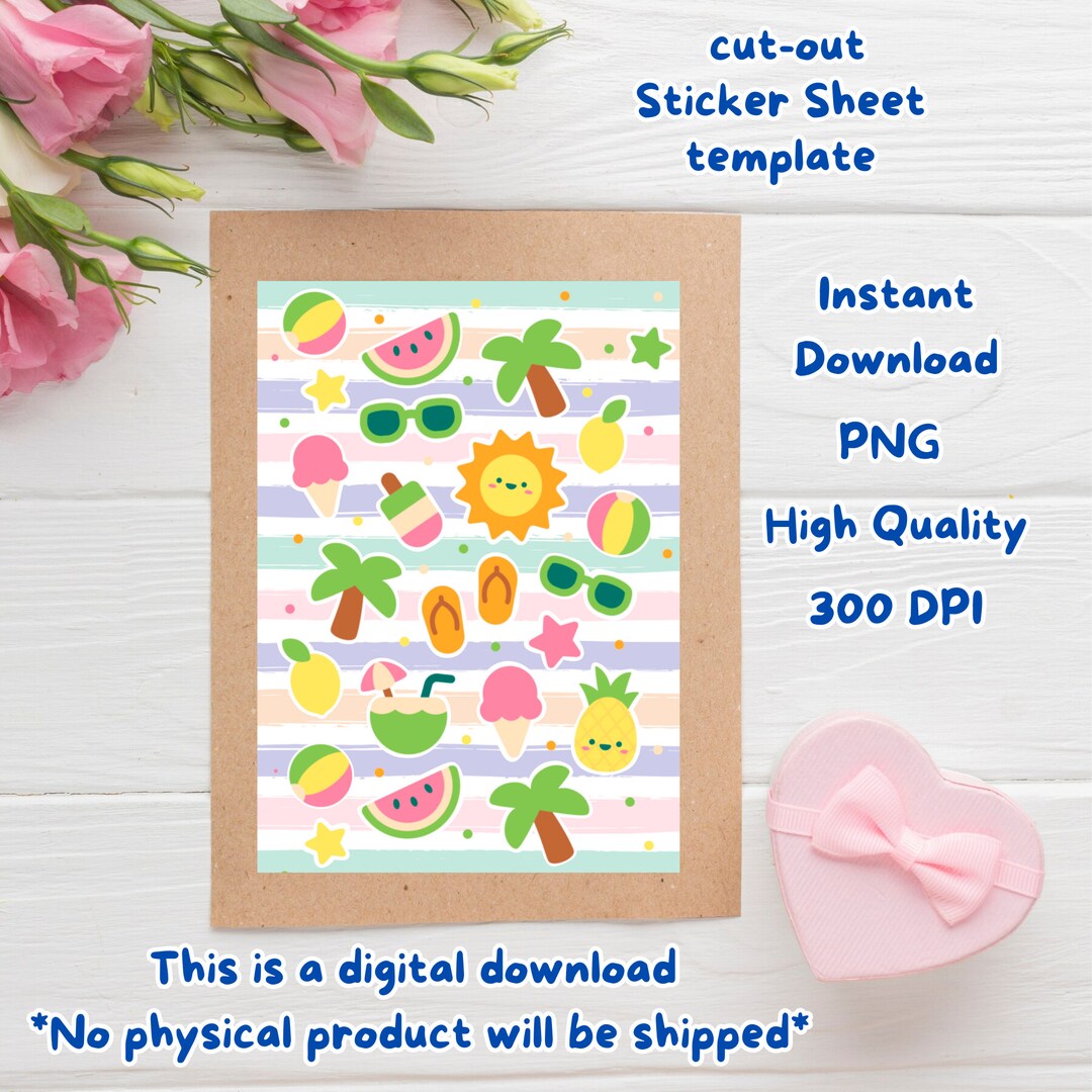 Cute Summer Themed Sticker Sheet, Kiss Cut Stickers Sheet Template ...