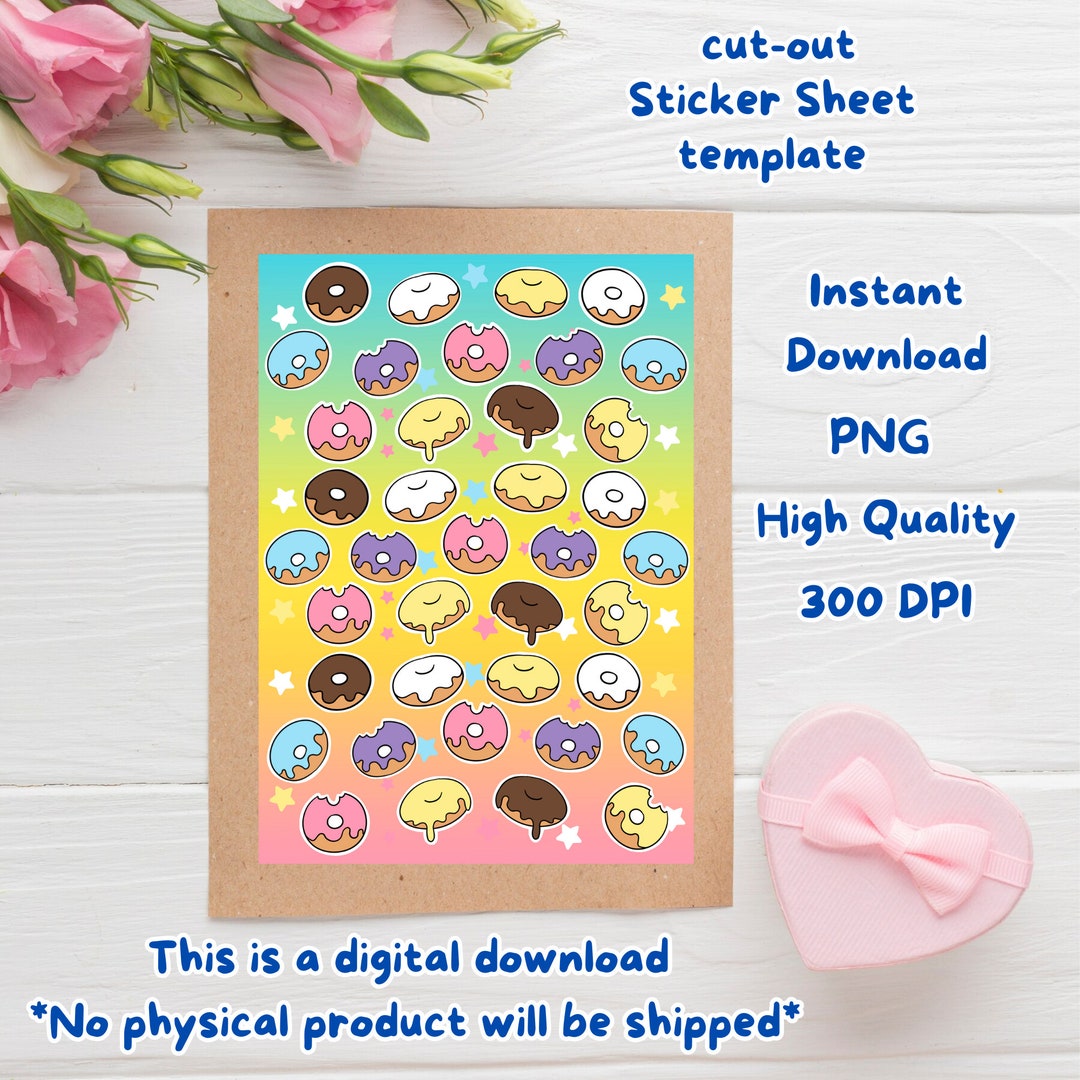 Cute Doughnut Themed Sticker Sheet, Kiss Cut Stickers Sheet Template ...