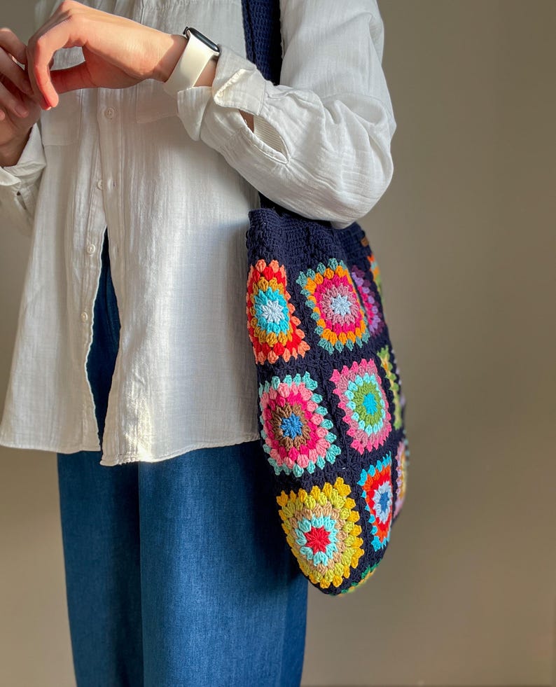 Handmade Crochet Boho Tote Bag – Navy Floral Granny Square Design - Etsy UK