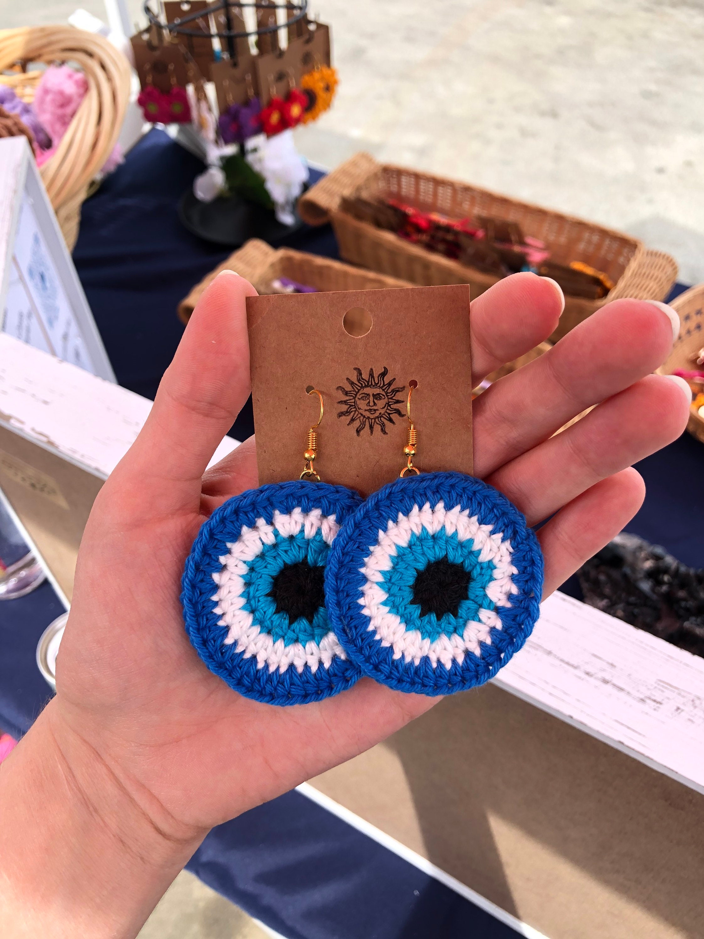 Nazar Boncugu Evil Eye Crochet Earrings Large Handmade | Etsy