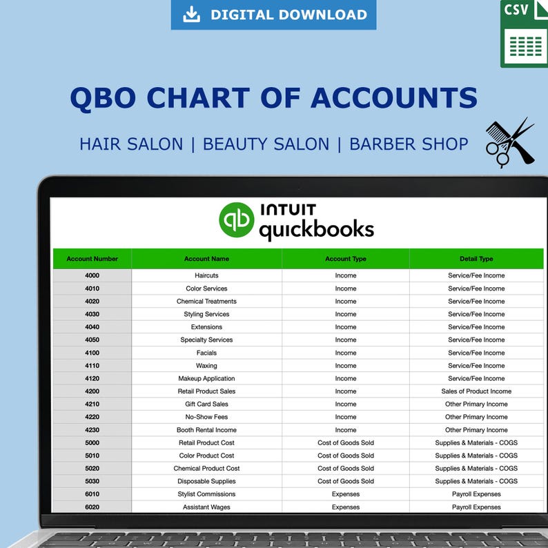 Hair Salon Chart of Accounts for Quickbooks Online | Beauty Salon COA ...