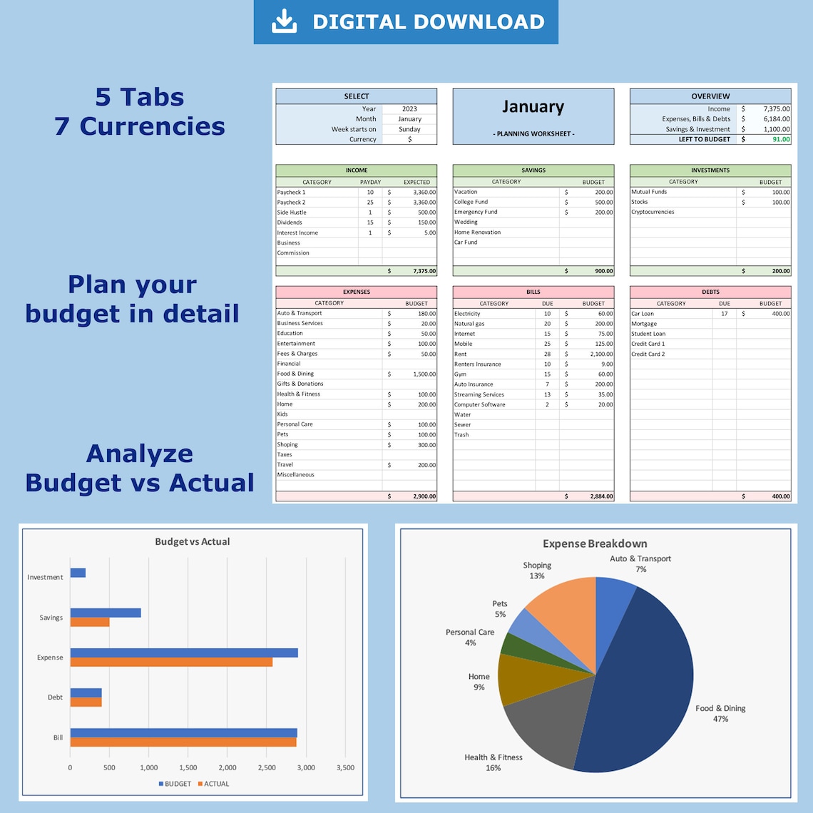 Monthly Budget Excel Template | Personal Finance Spreadsheet (digital ...