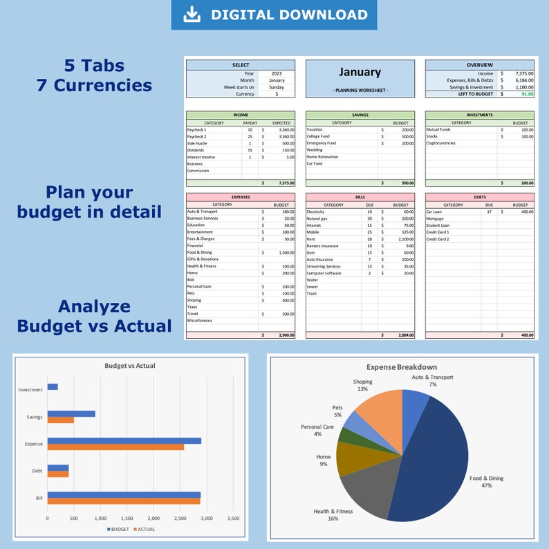 Monthly Budget Spreadsheet Excel Template | Personal Finance Planner ...