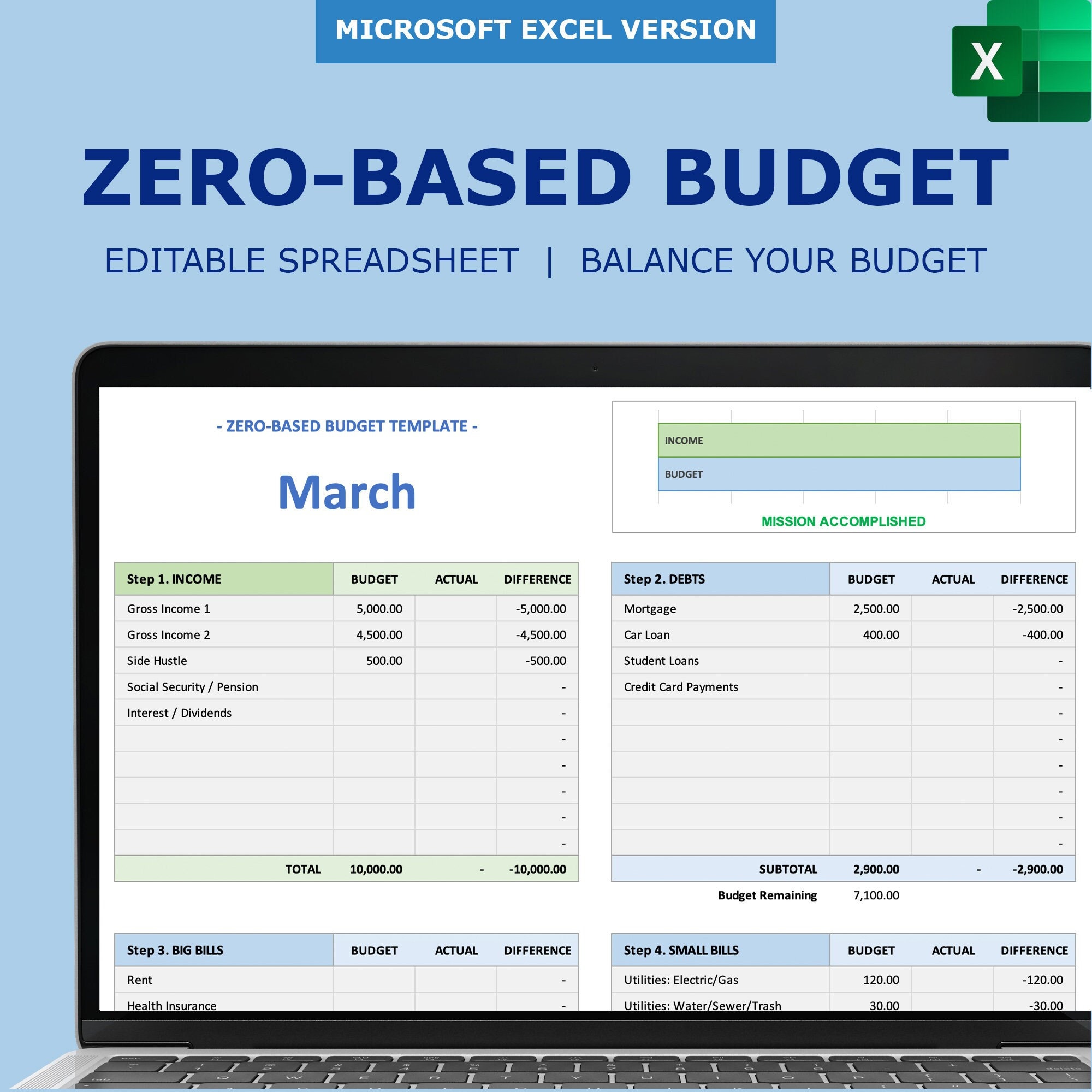 Zero-based Budget Spreadsheet. Microsoft Excel Template. Simple One ...