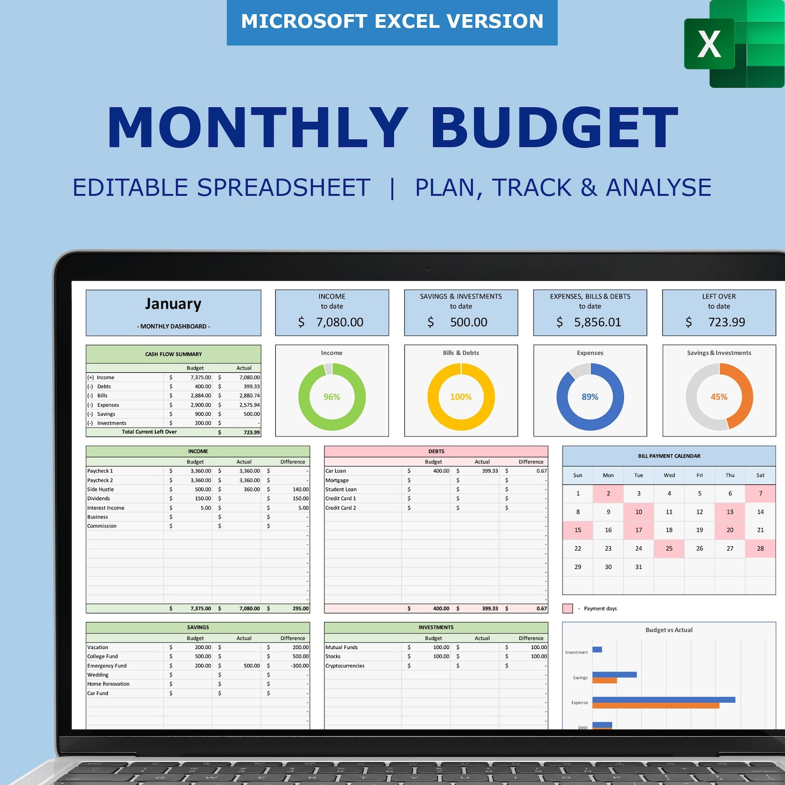 Monthly Budget Excel Template | Personal Finance Spreadsheet (digital ...