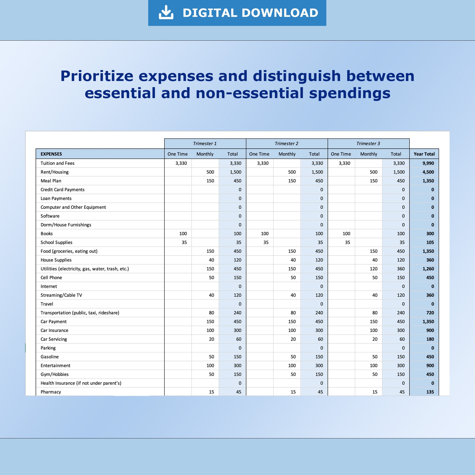 College Student Budget Planner Excel | Semester Trimester Quarter ...