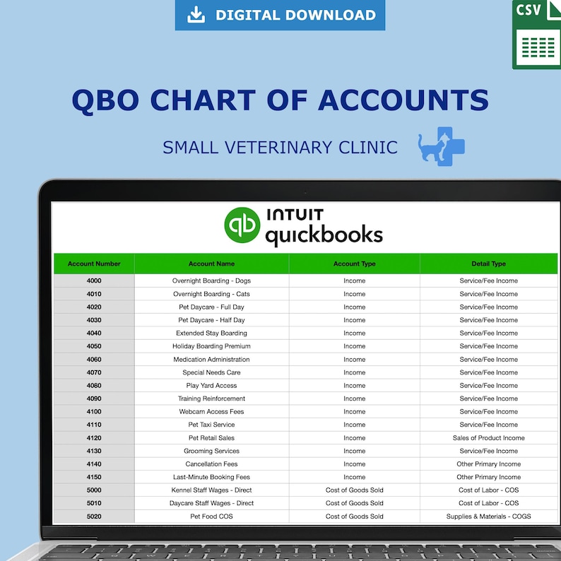 Small Veterinary Clinic Chart of Accounts for Quickbooks Online | COA ...