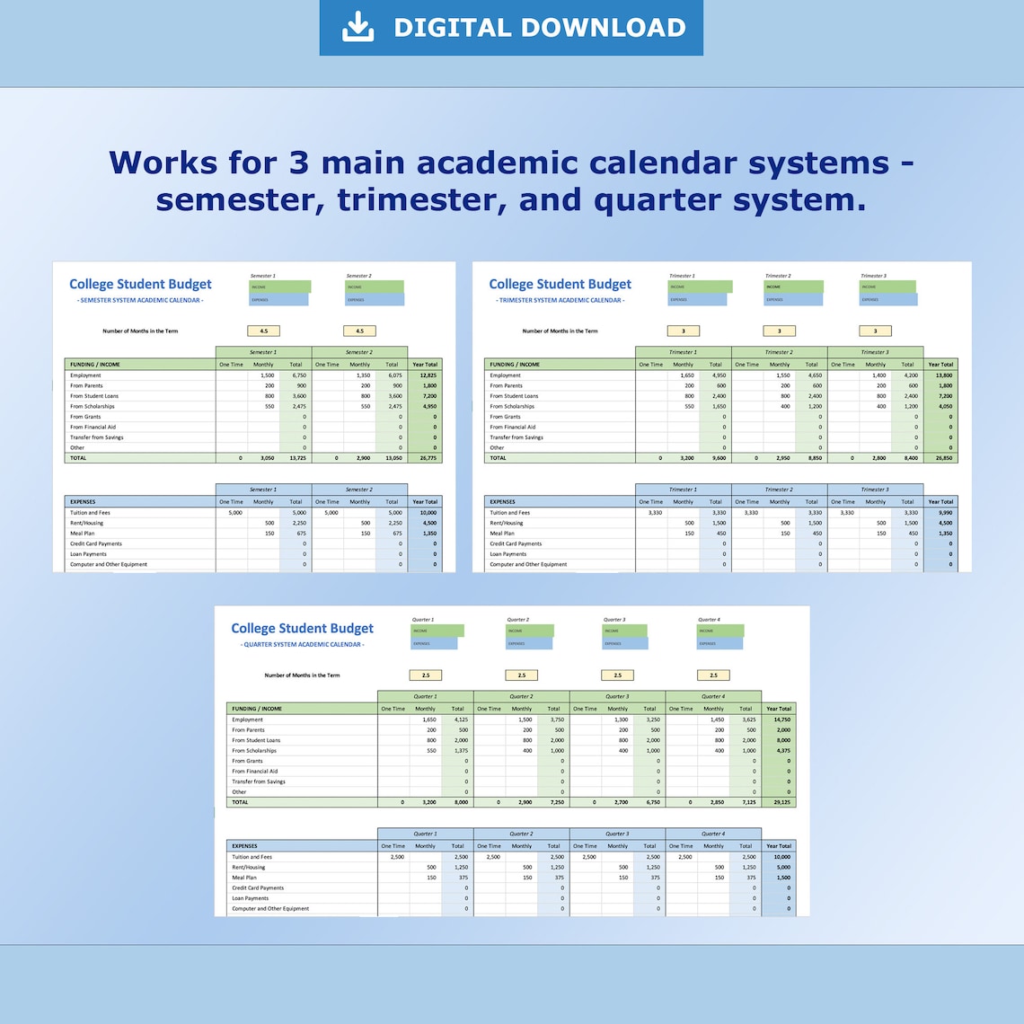 College Student Budget Planner Excel | Semester Trimester Quarter ...