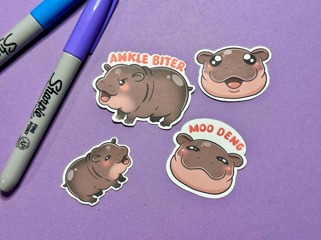 Moo Deng Sticker Pack | 4 Glossy Cute Hippo Stickers - Etsy