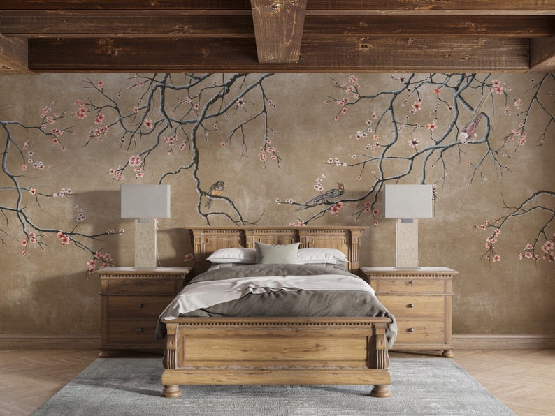 Chinoiserie Wallpaper Pink Flowers and Birds Vintage Wall - Etsy
