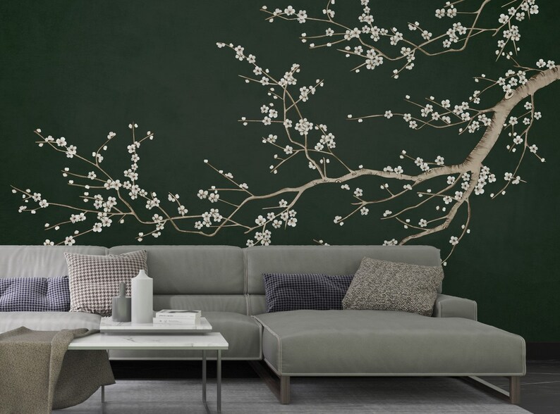 Chinoiserie Flowers and Birds With Naphtha Green Background Wallpaper ...