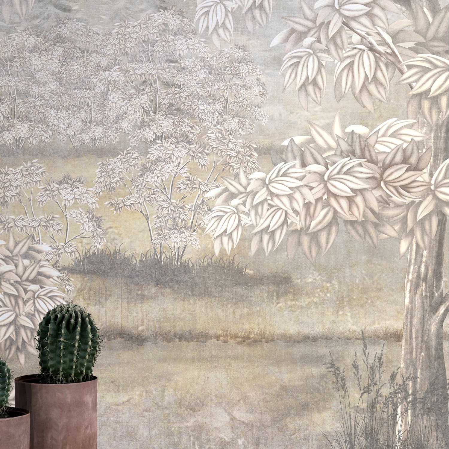 Handpainted Wallpaper, Beige Scenic, Landscape Mural - Removable Peel ...