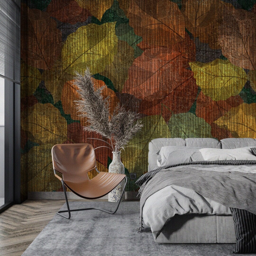 Watercolor Leaves Wallpaper Colorful Autumn Wallpaper Wall - Etsy