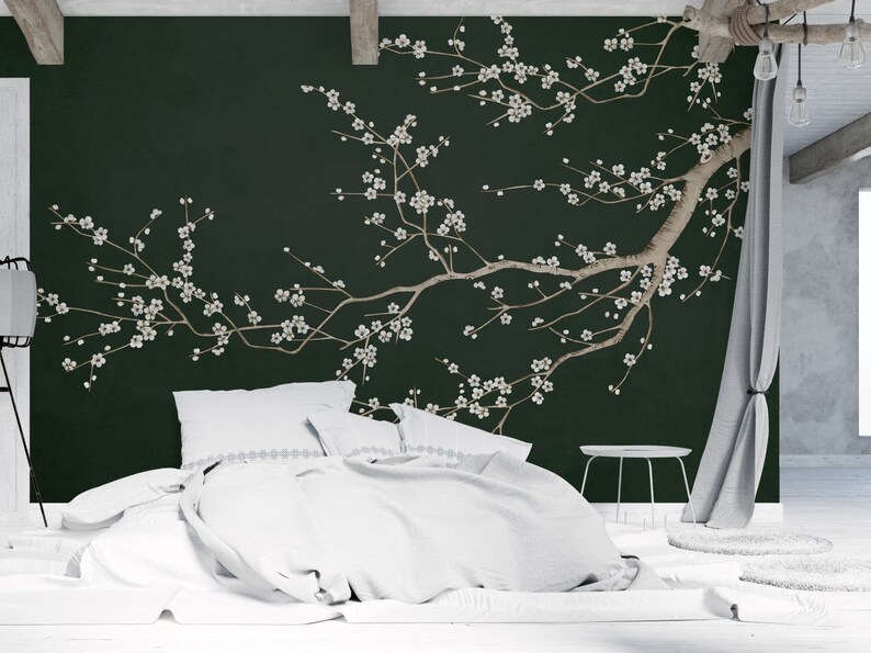 Chinoiserie Flowers and Birds With Naphtha Green Background Wallpaper ...