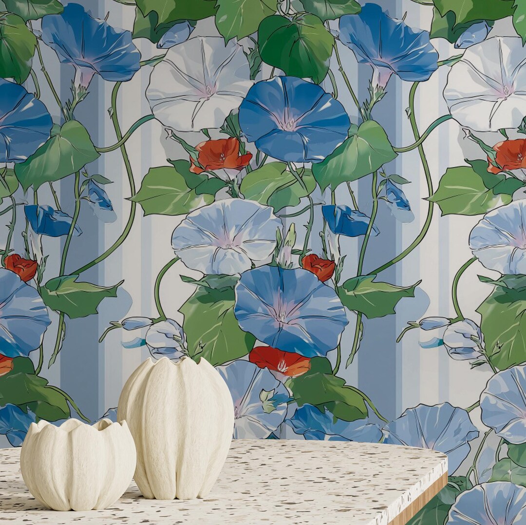 Blue Morning Glory Wallpaper, Vintage Botanical Floral Vine, Removable ...