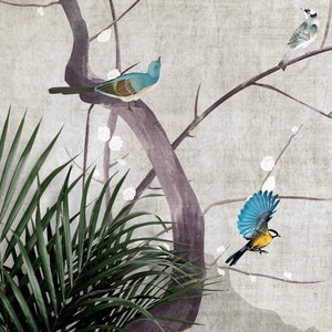 Chinoiserie Wallpaper, Chinoiserie Trees and Colorful Birds Wallpaper ...